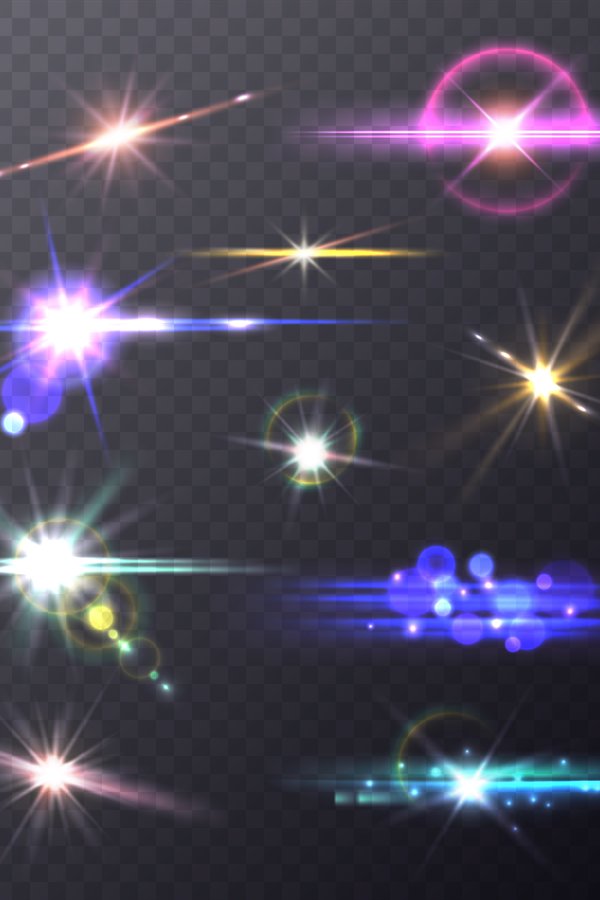 Lens flare effects. Realistic lights camera flashes, shining