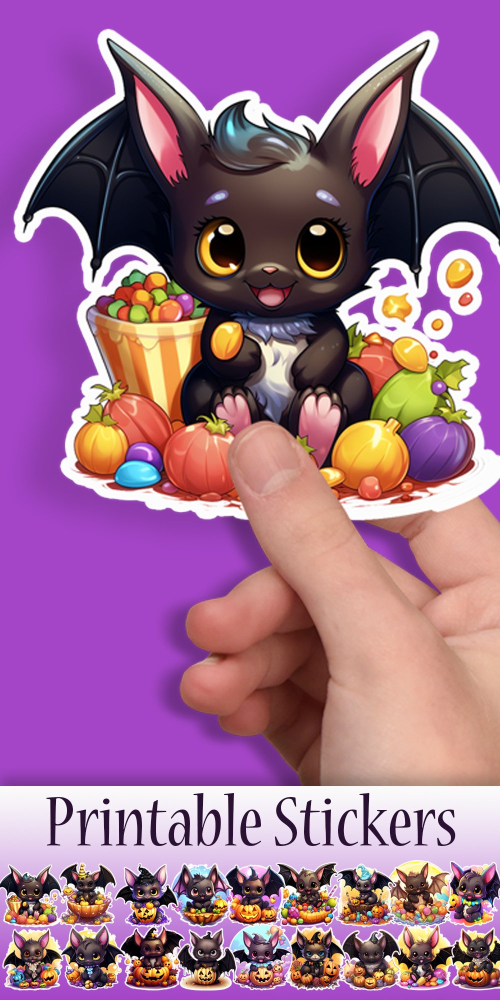 40 Cute Halloween Candy Bat Stickers on 8 Sticker Sheets