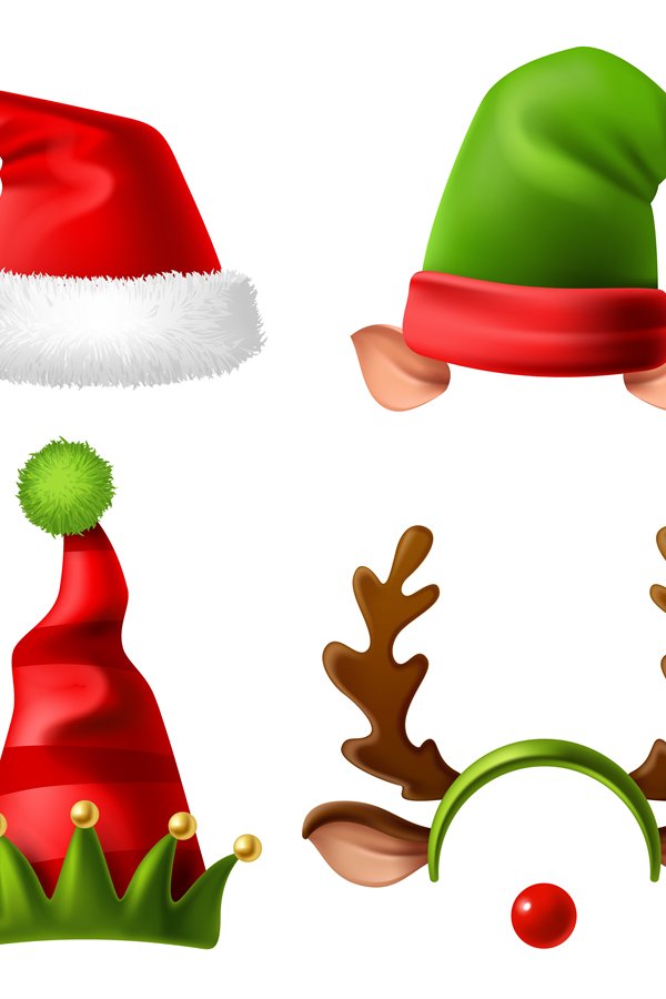 Christmas holiday hats. Santa claus red cute cap, snow reind