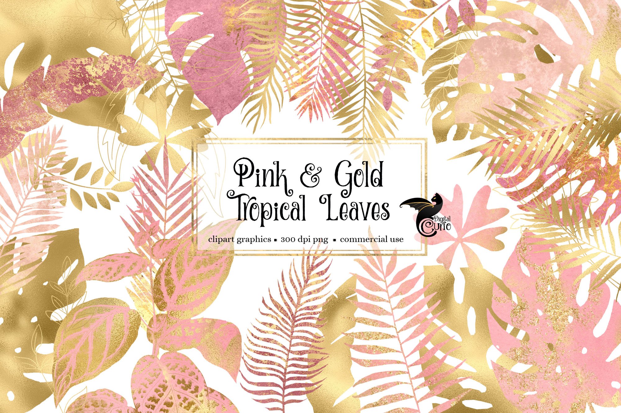 Pink and Gold Tropical Leaves Clipart