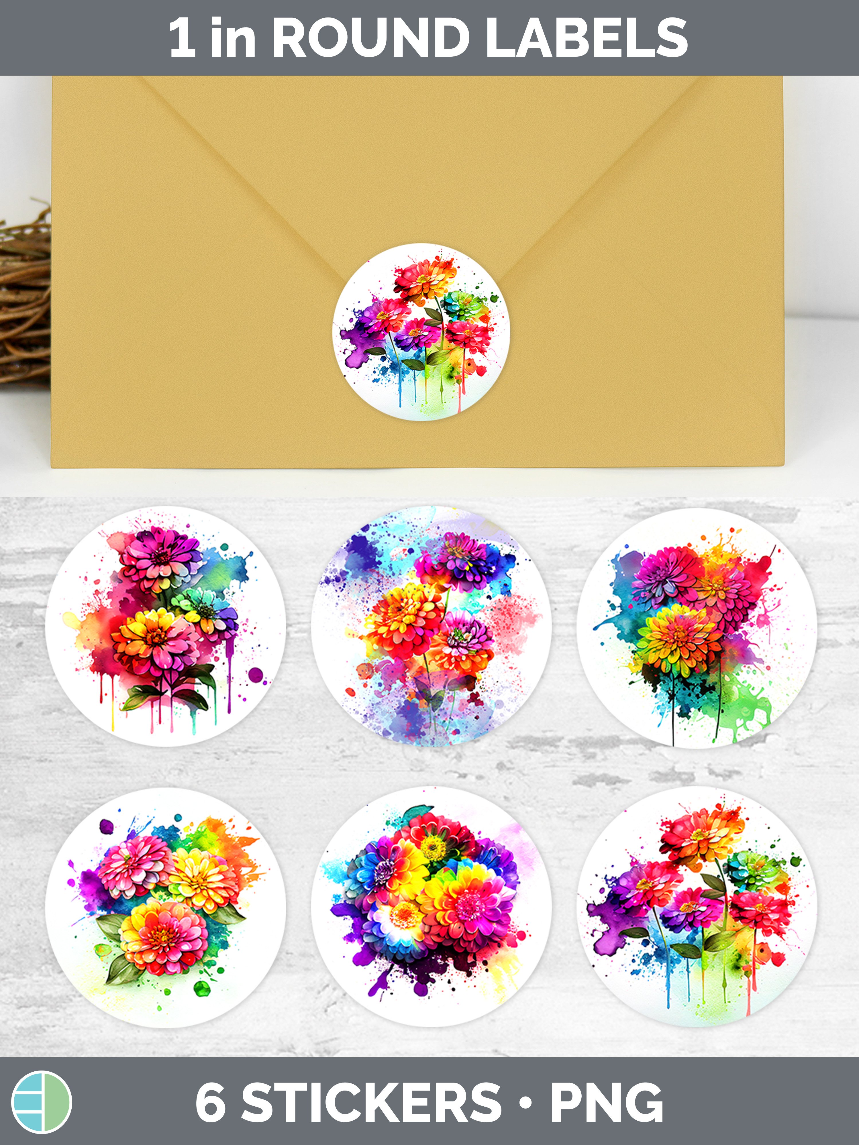 Rainbow Zinnia Flowers Stickers | Round Labels Designs Bundl