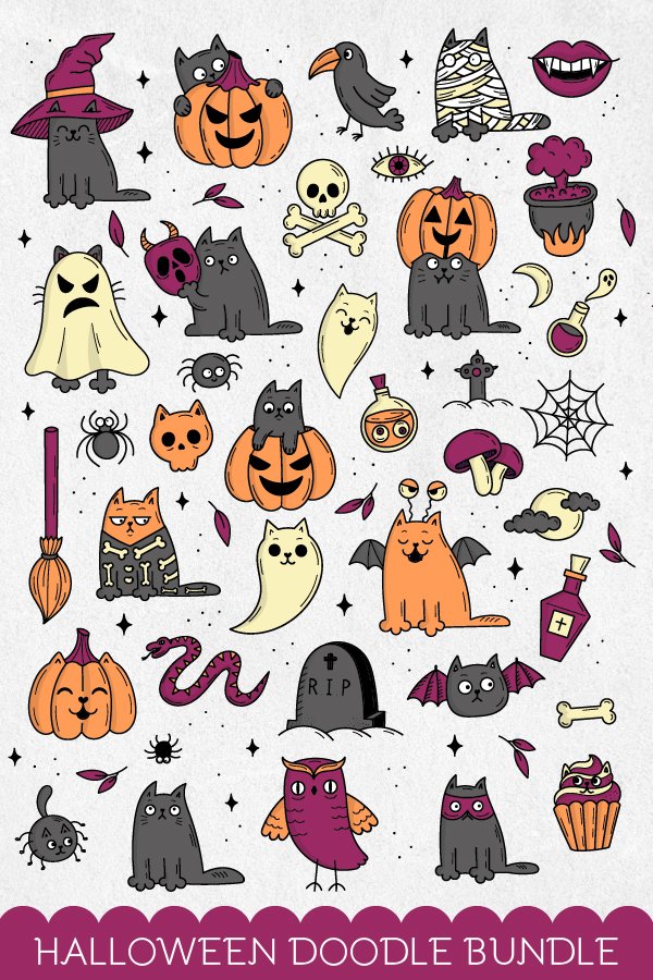 Halloween doodle clipart with cats, spider and ghosts.