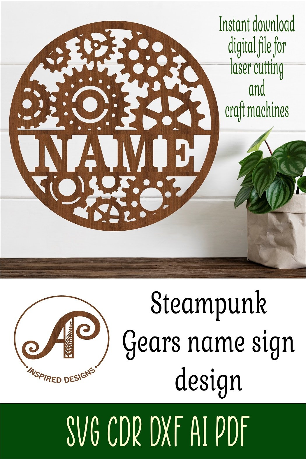 Gears steampunk name sign svg laser cut template