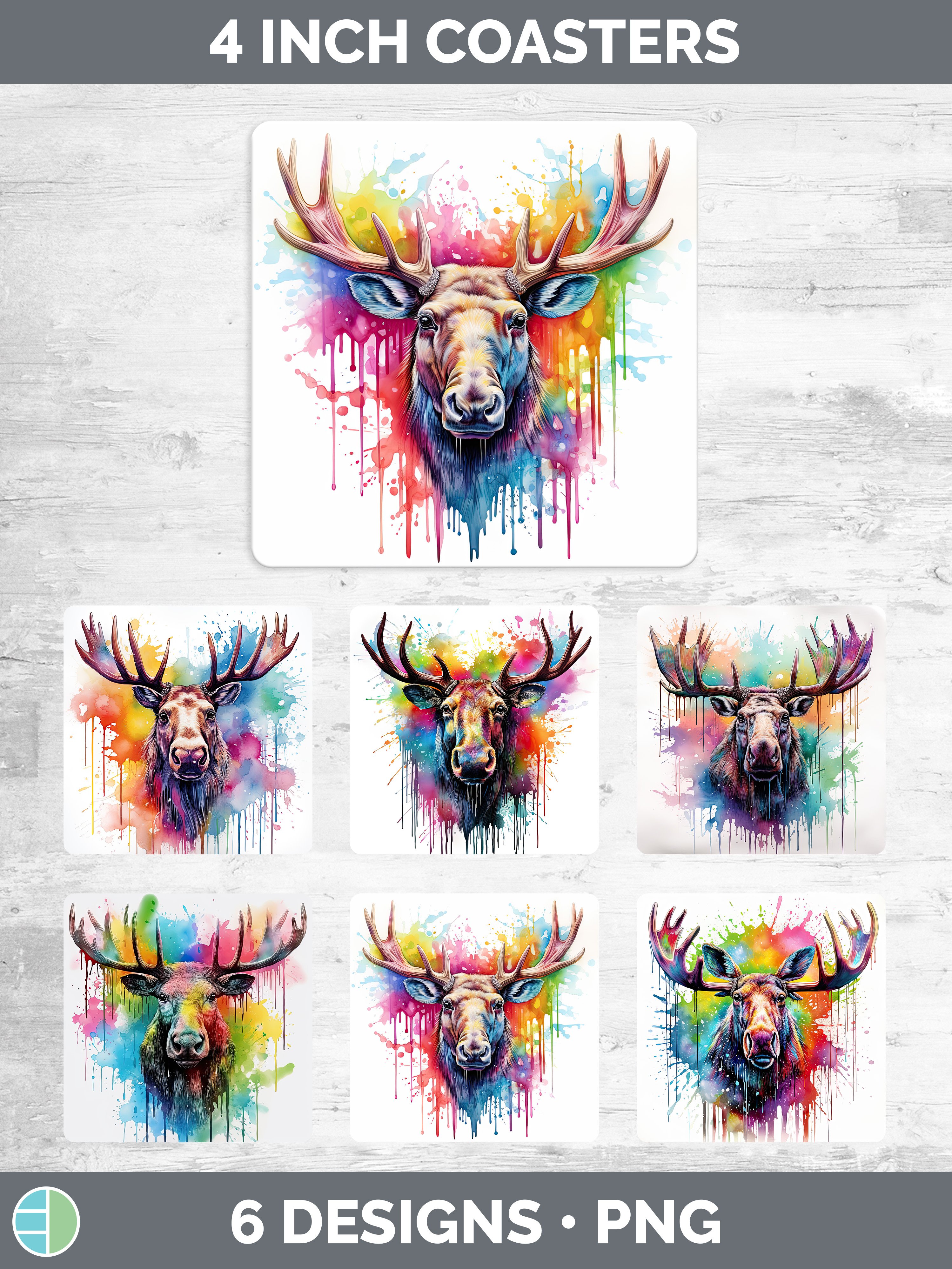 Splat Rainbow Moose Square Coaster | Sublimation Coaster Des