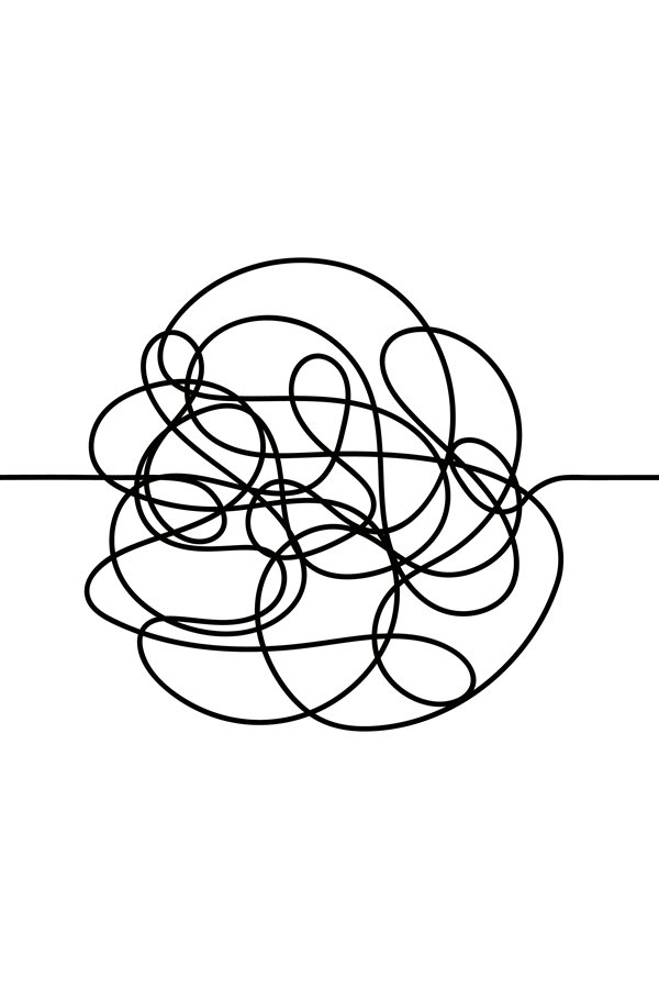 Insane messy line. Complicated clew way. Tangled scribble ve