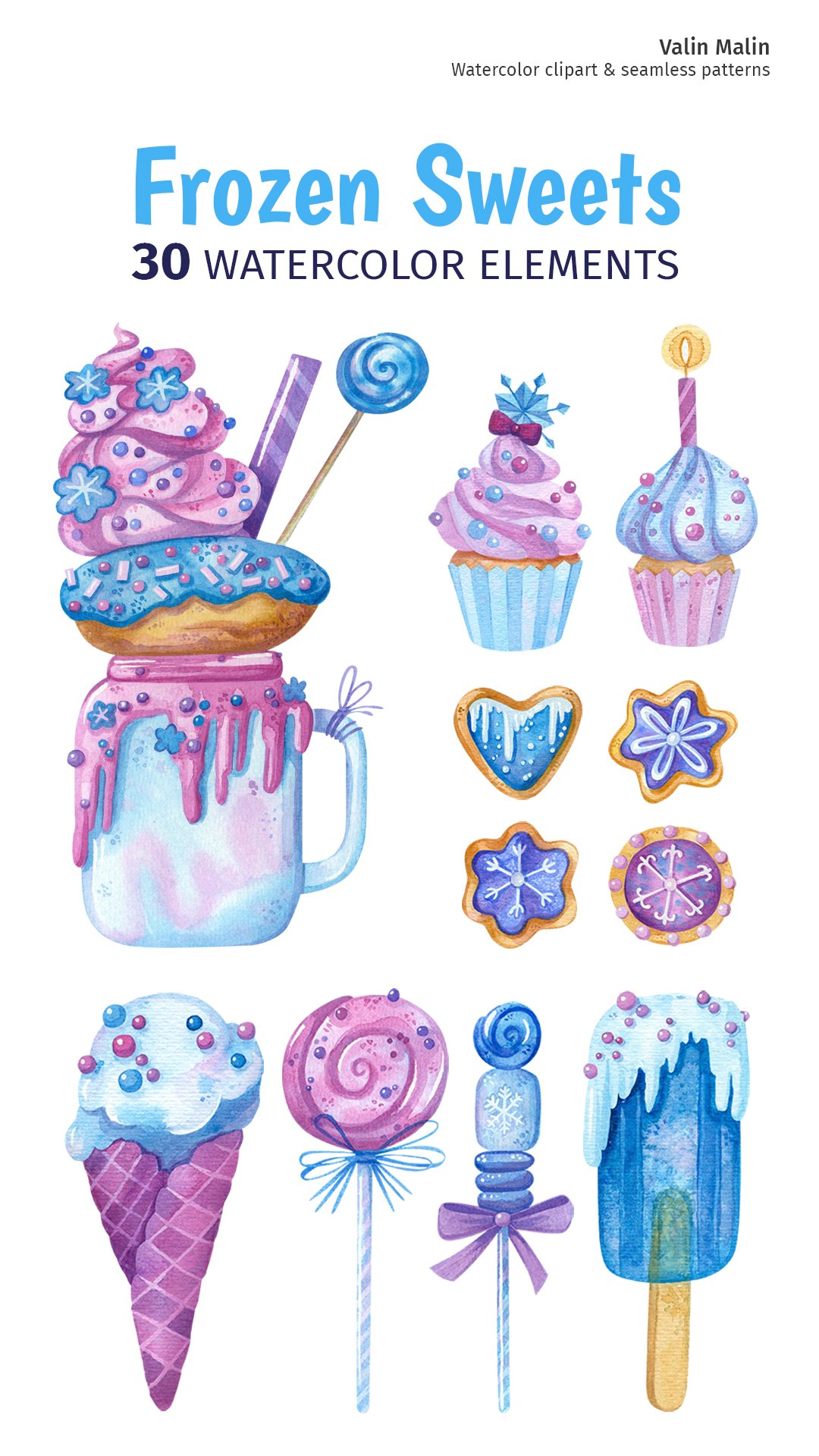 Adorable Watercolor Frozen Sweets, PNG Clipart.