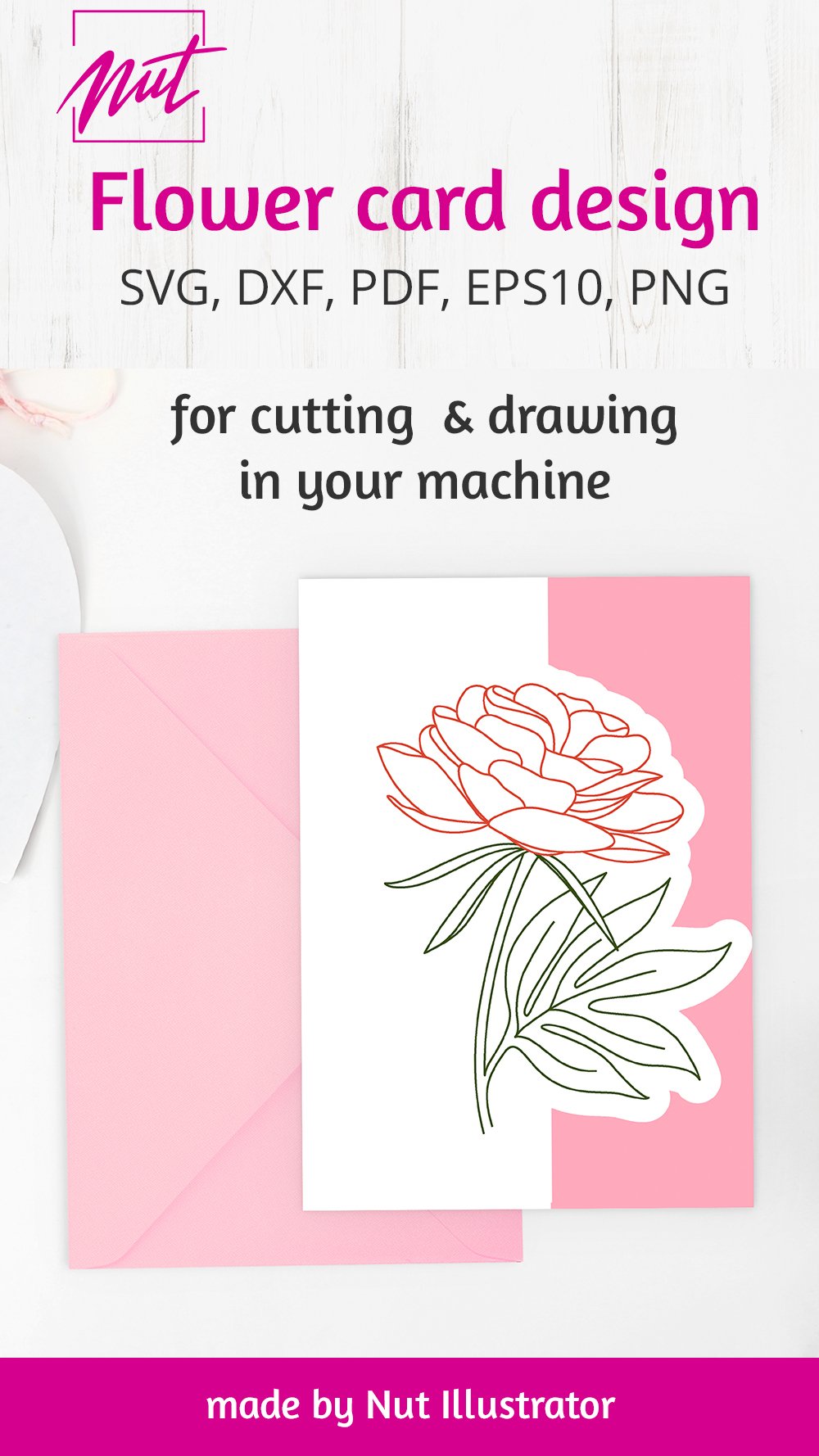 Flower card design. Peony flower illustrations. Card SVG