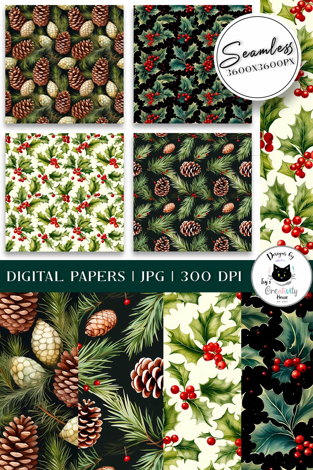Christmas Holly Seamless Pattern | Christmas Digital Paper