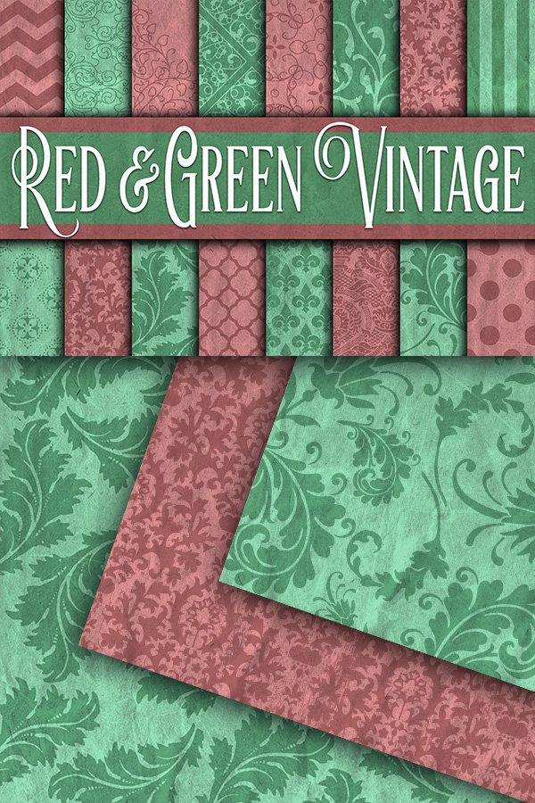 Vintage Red & Green Digital Paper - Christmas Digital Paper