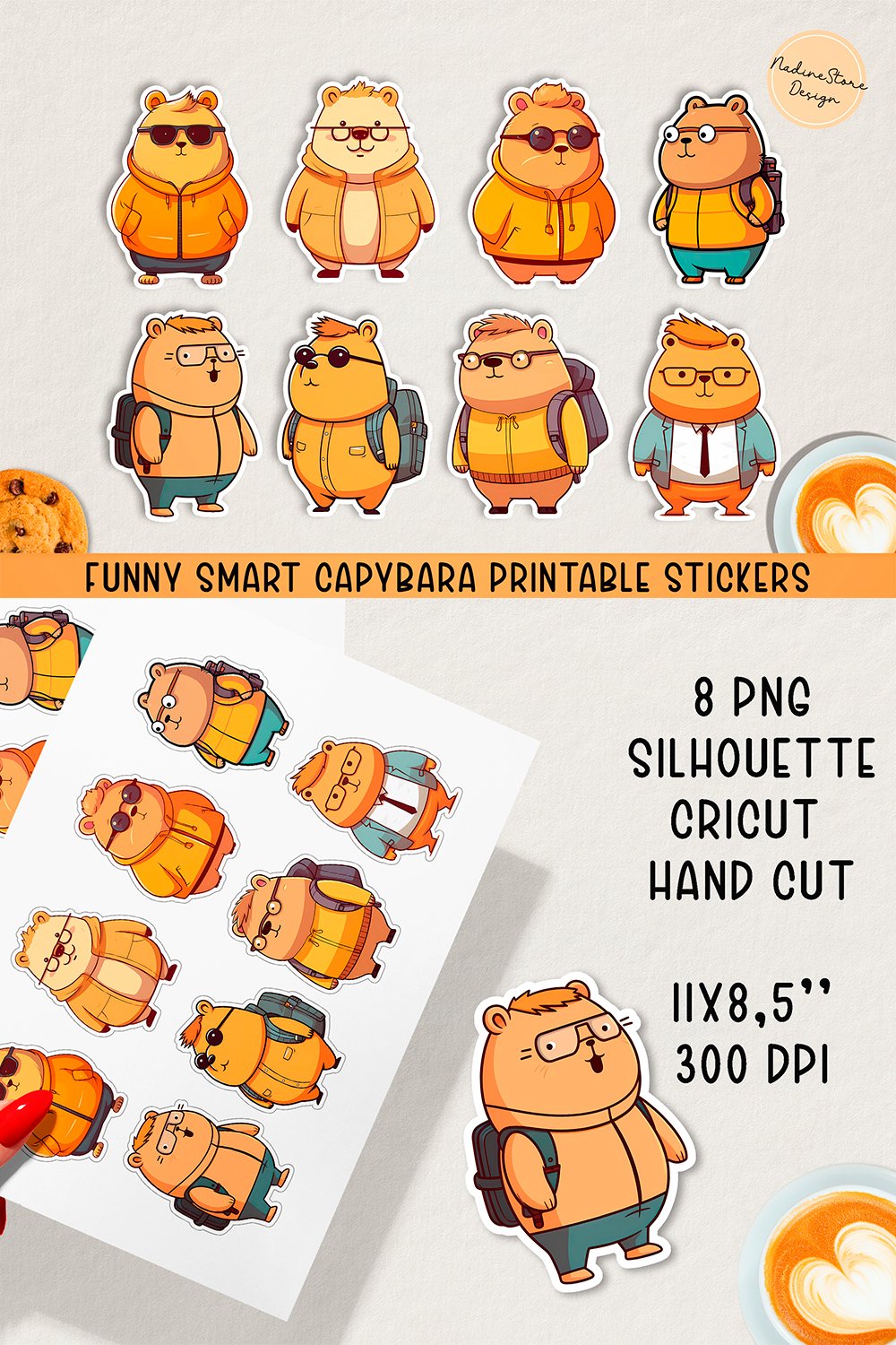 Funny smart capybara printable stickers. PNG.