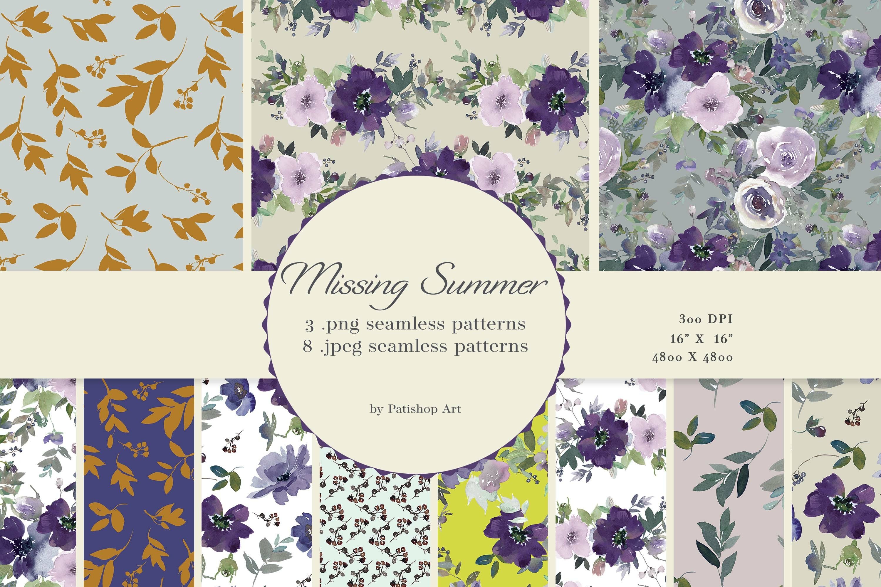 Watercolor Floral Seamless Pattern Set (1679357)