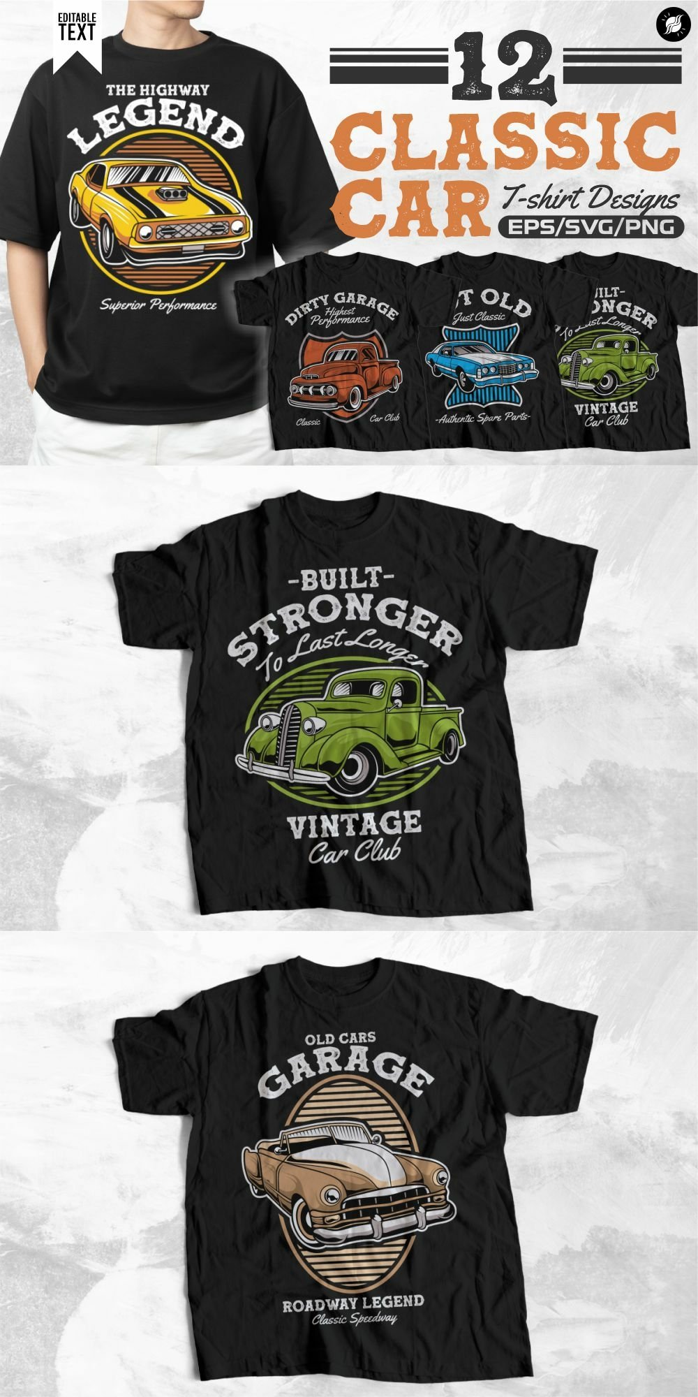 Classic Car T-shirt Designs Bundle, Vintage Car Vector Set