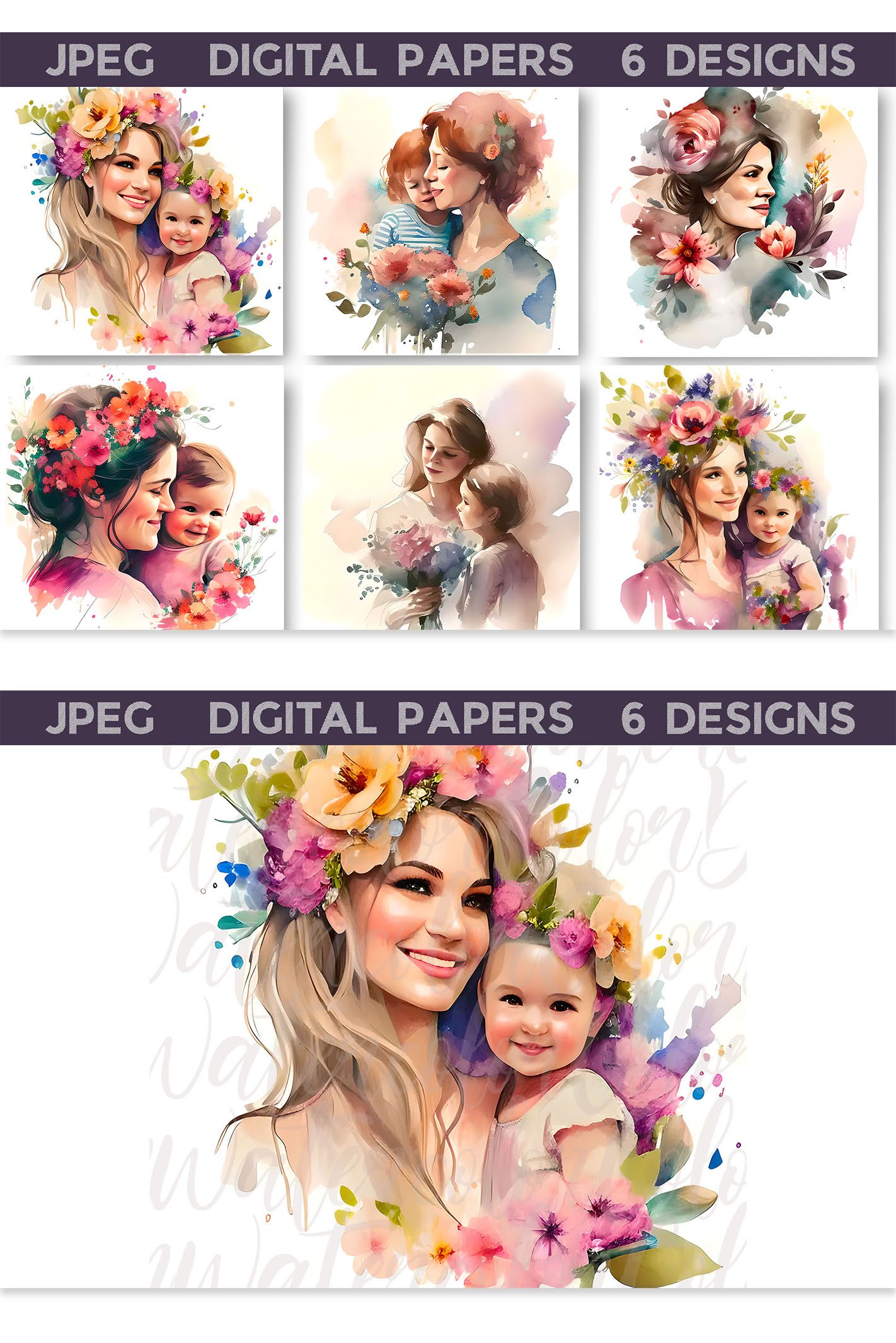 Mothers Day Digital Papers | Mama And Baby Illustration