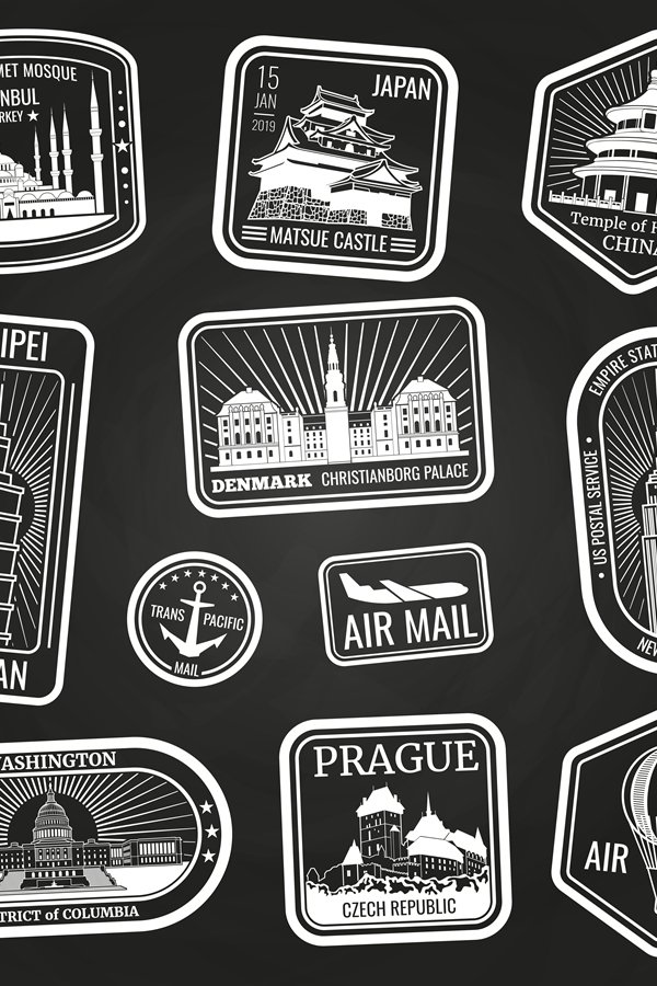 White travel stamps with monuments and landmarks