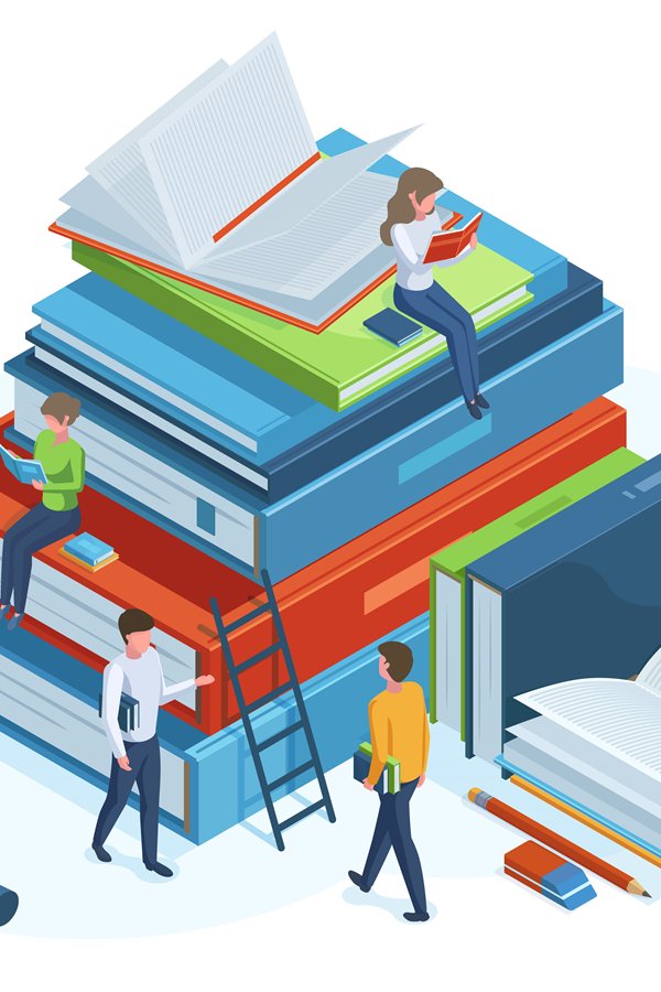 Isometric books concept. Reading people on huge 3d pile of b