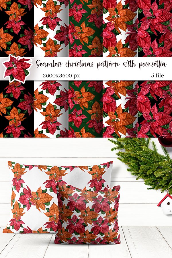 Christmas winter digital paper, red Poinsettia