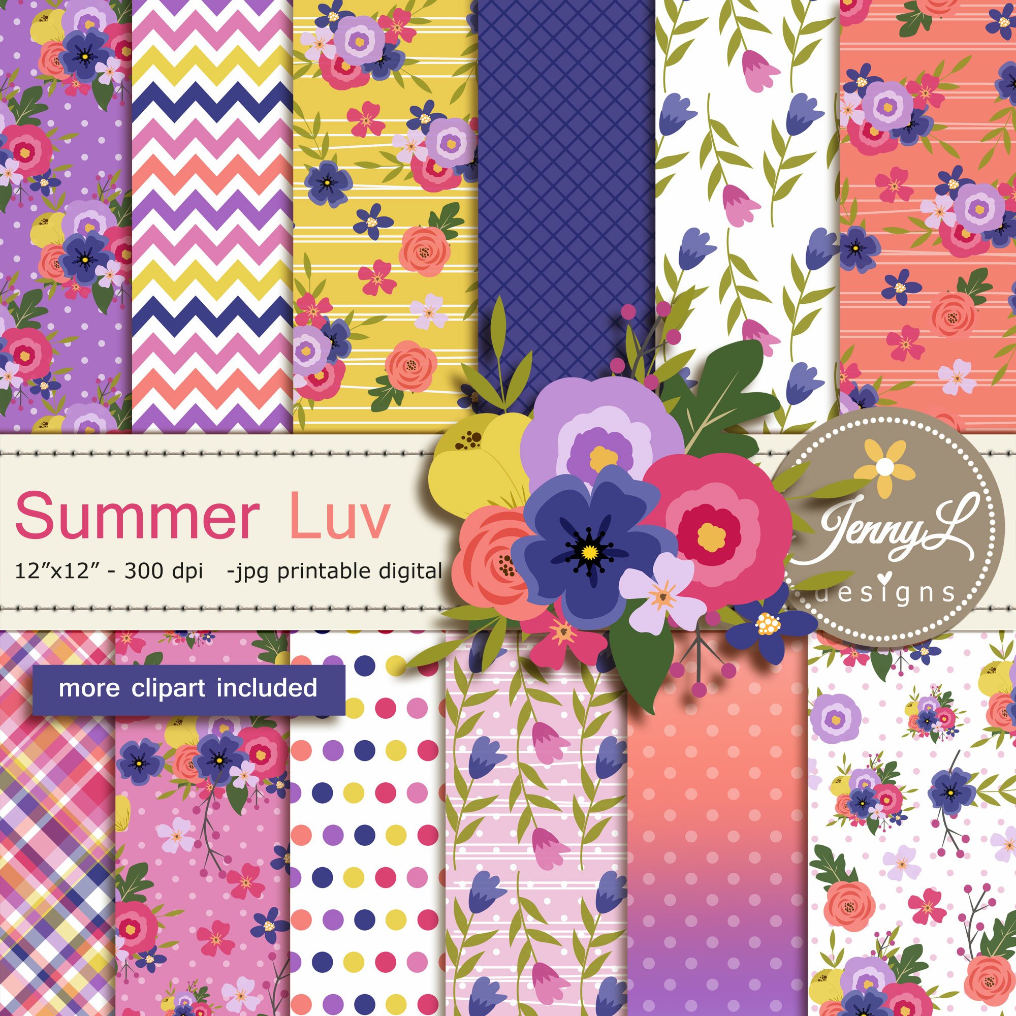 Summer Floral Digital Papers and Flower Clipart SET