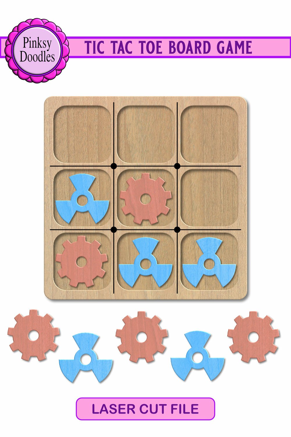 Tic Tac Toe game board with cog shape counters Laser cut