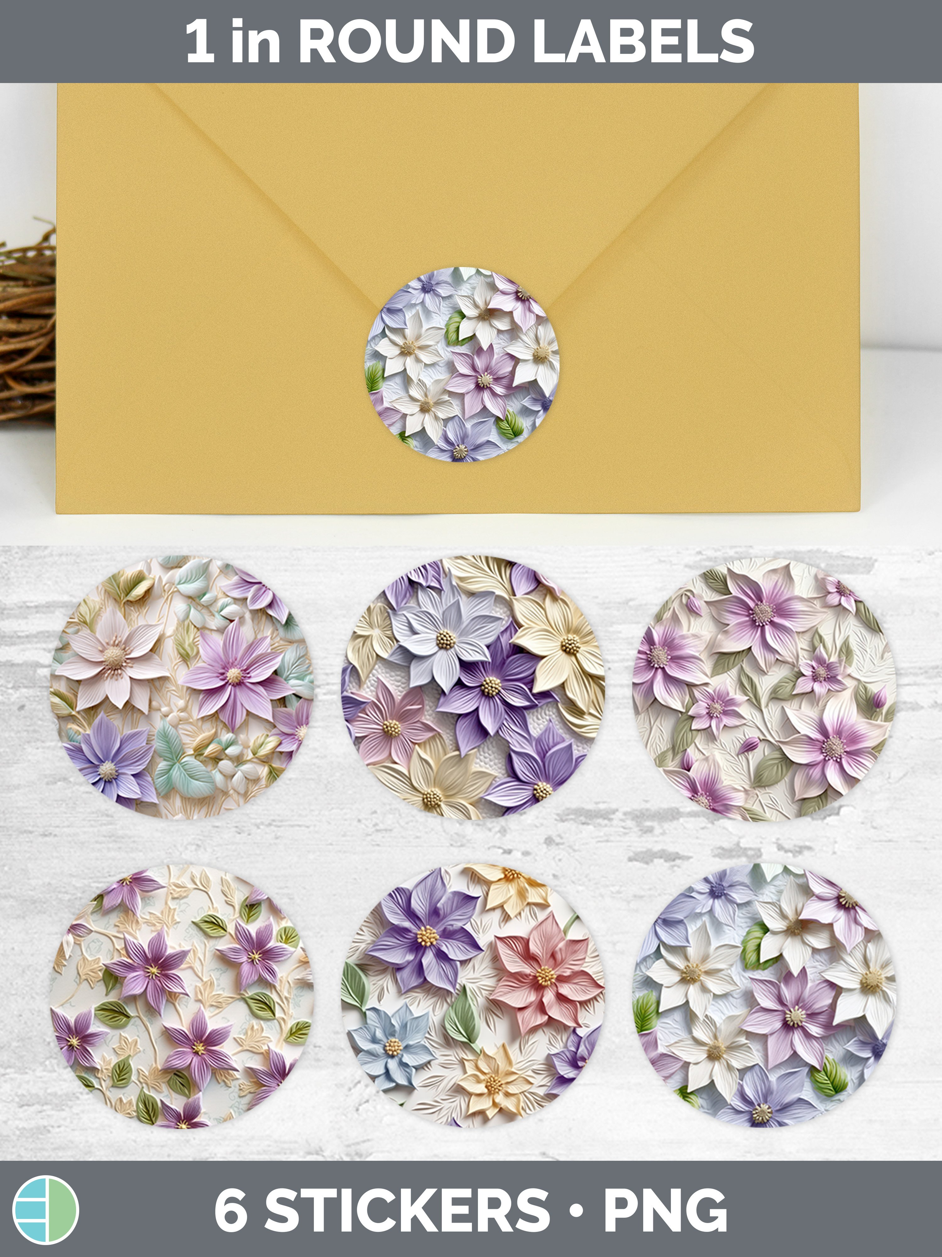 3D Clematis Flowers Stickers | Round Labels Designs Bundle