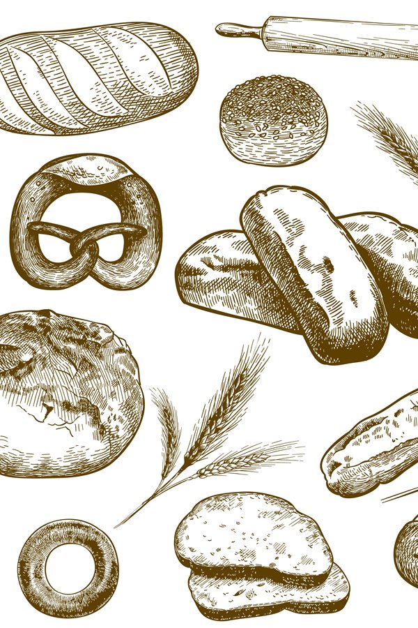 Hand drawn bakery. Freshly baked bread, wheat ears and bakin