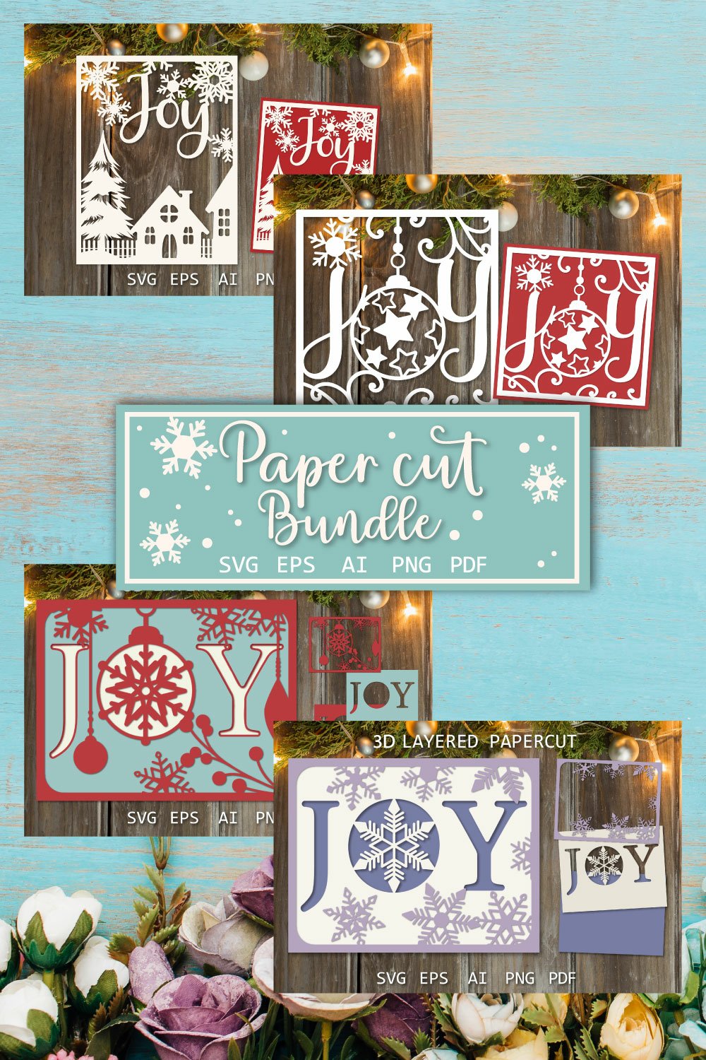 Joy Papercut Bundle, Joy Christmas cards templates SVG