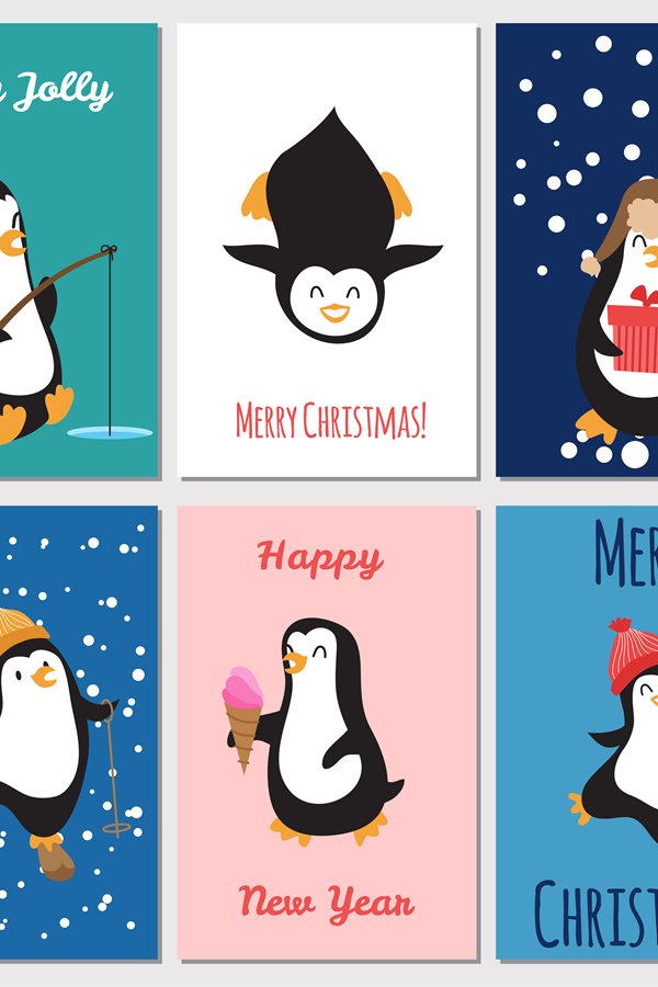Holidays greetings cards vector. Cute penguins Christmas car