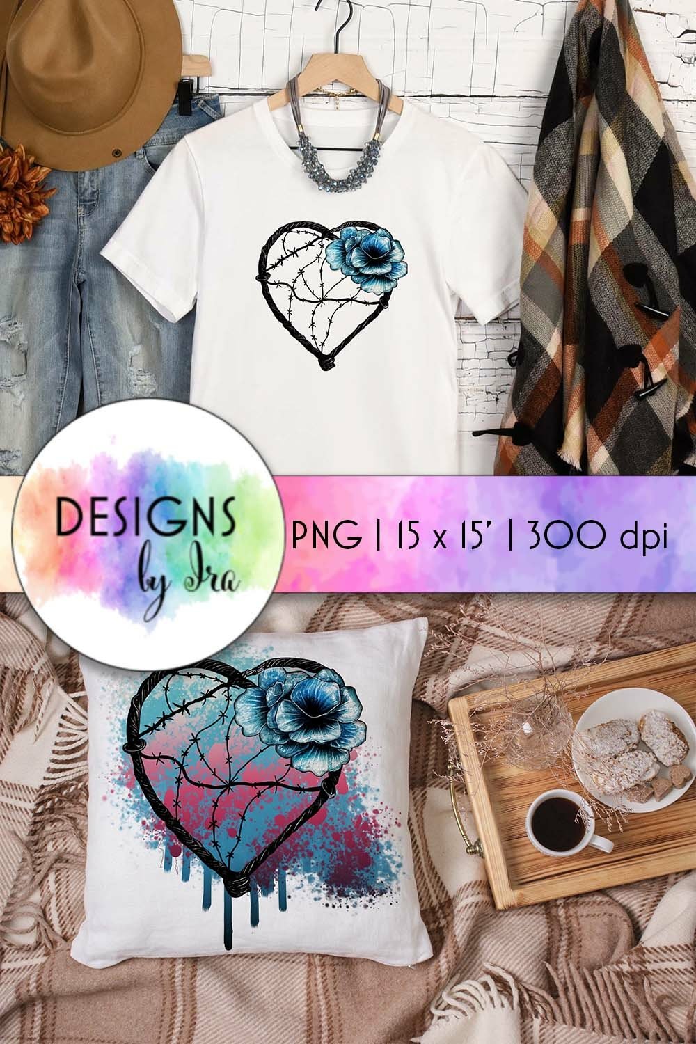 Barbed Wire Heart Sublimation | Wire Heart with Blue Rose