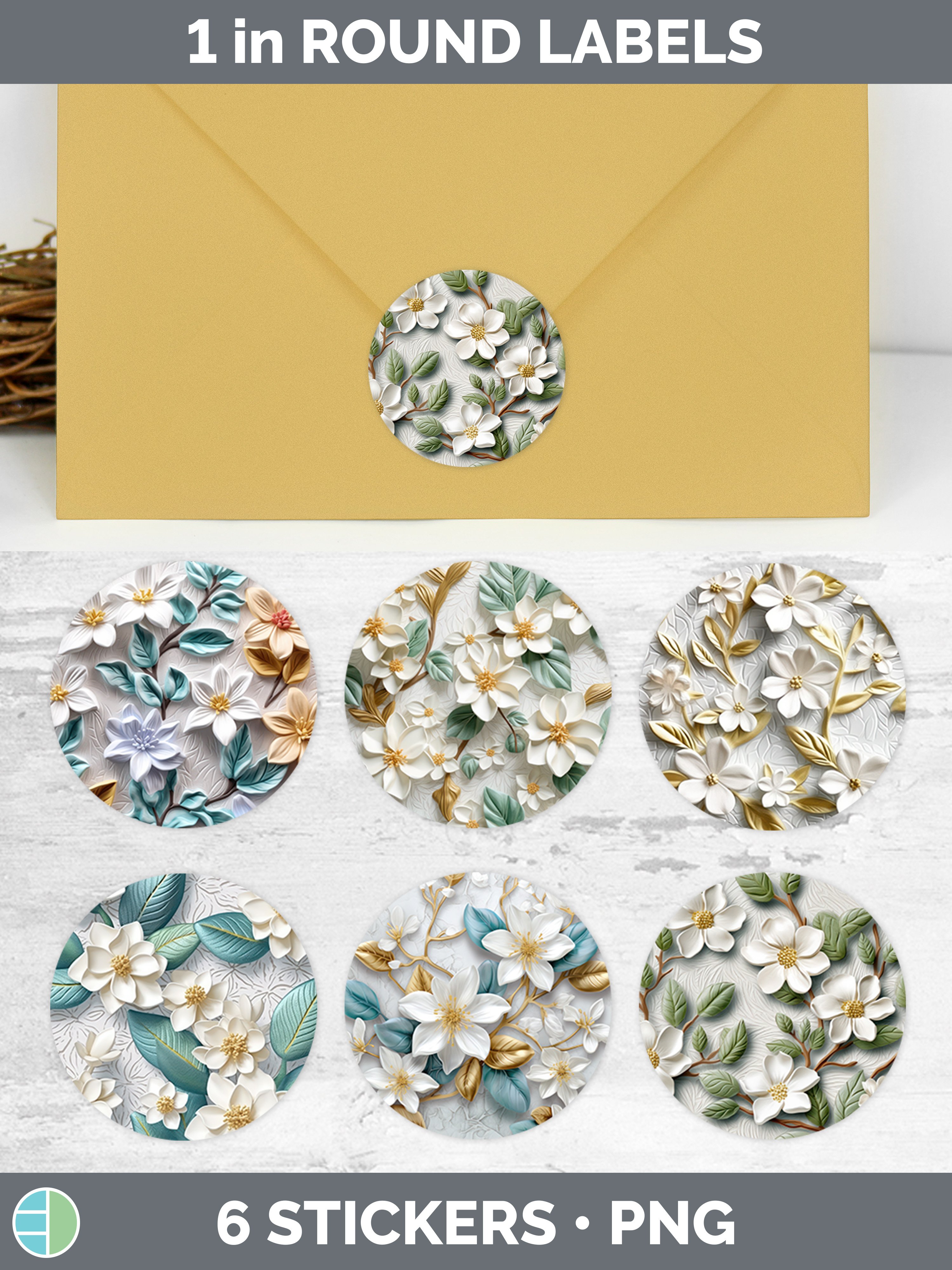 3D Jasmine Flowers Stickers | Round Labels Designs Bundle