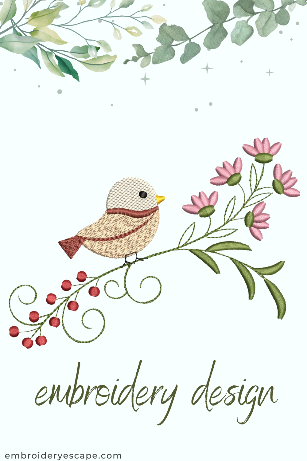 Little bird embroidery design - nature embroidery pattern