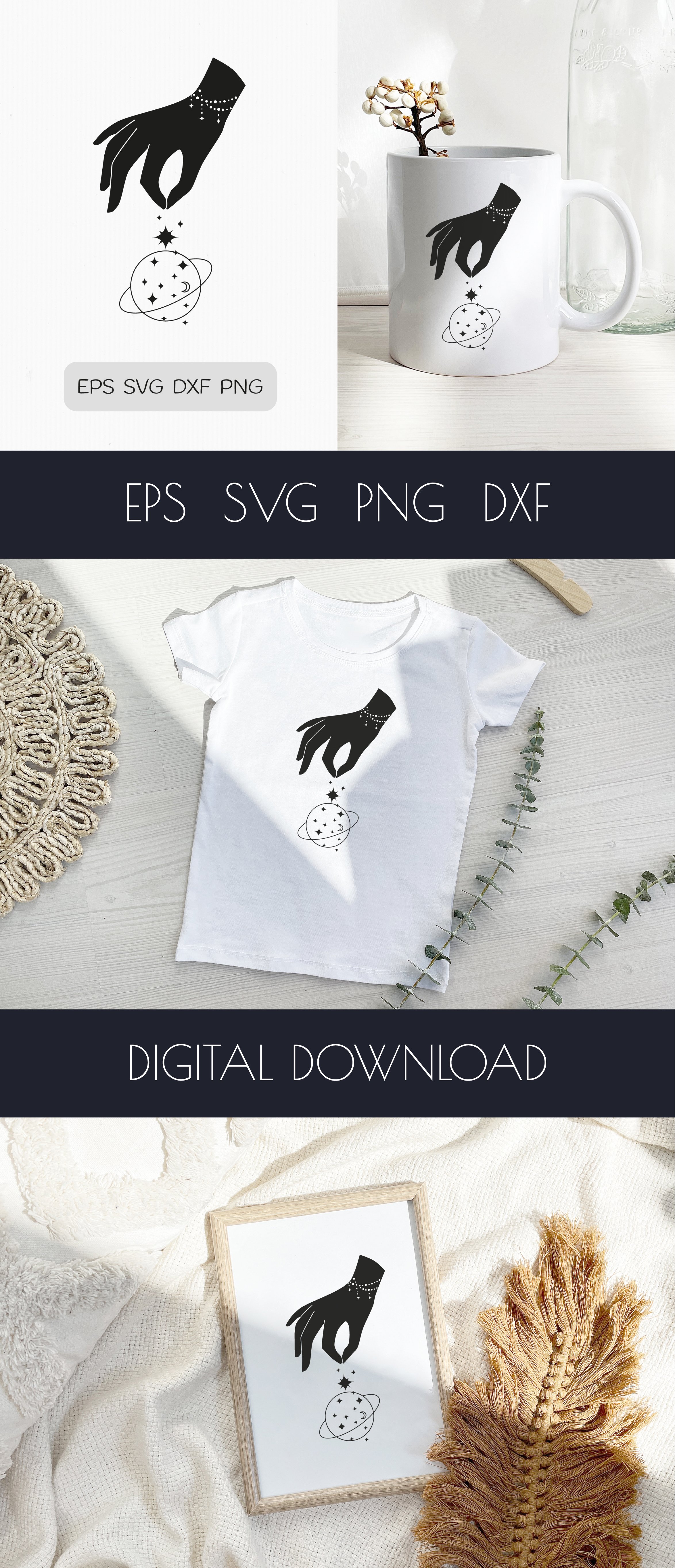 Boho celestial hand sprinkling stars on the planet.