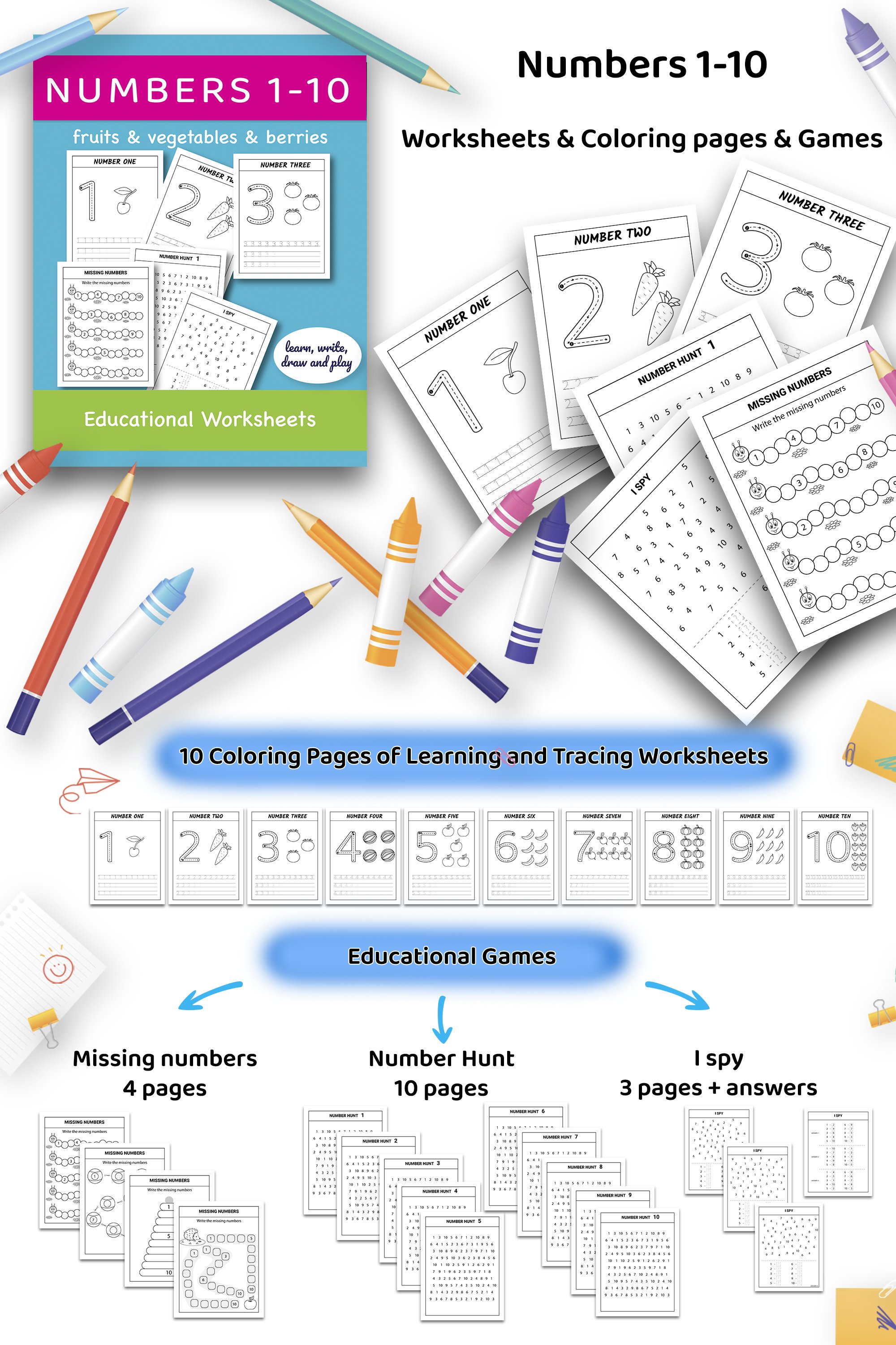 Numbers 1 to 10 Educational Worksheets &coloring pages&games