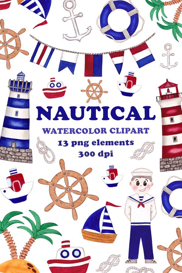 NAUTICAL watercolor clip art, png files, Marine illustration