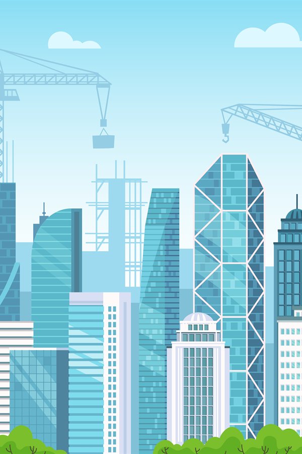 Builded city. City under construction, building foundations