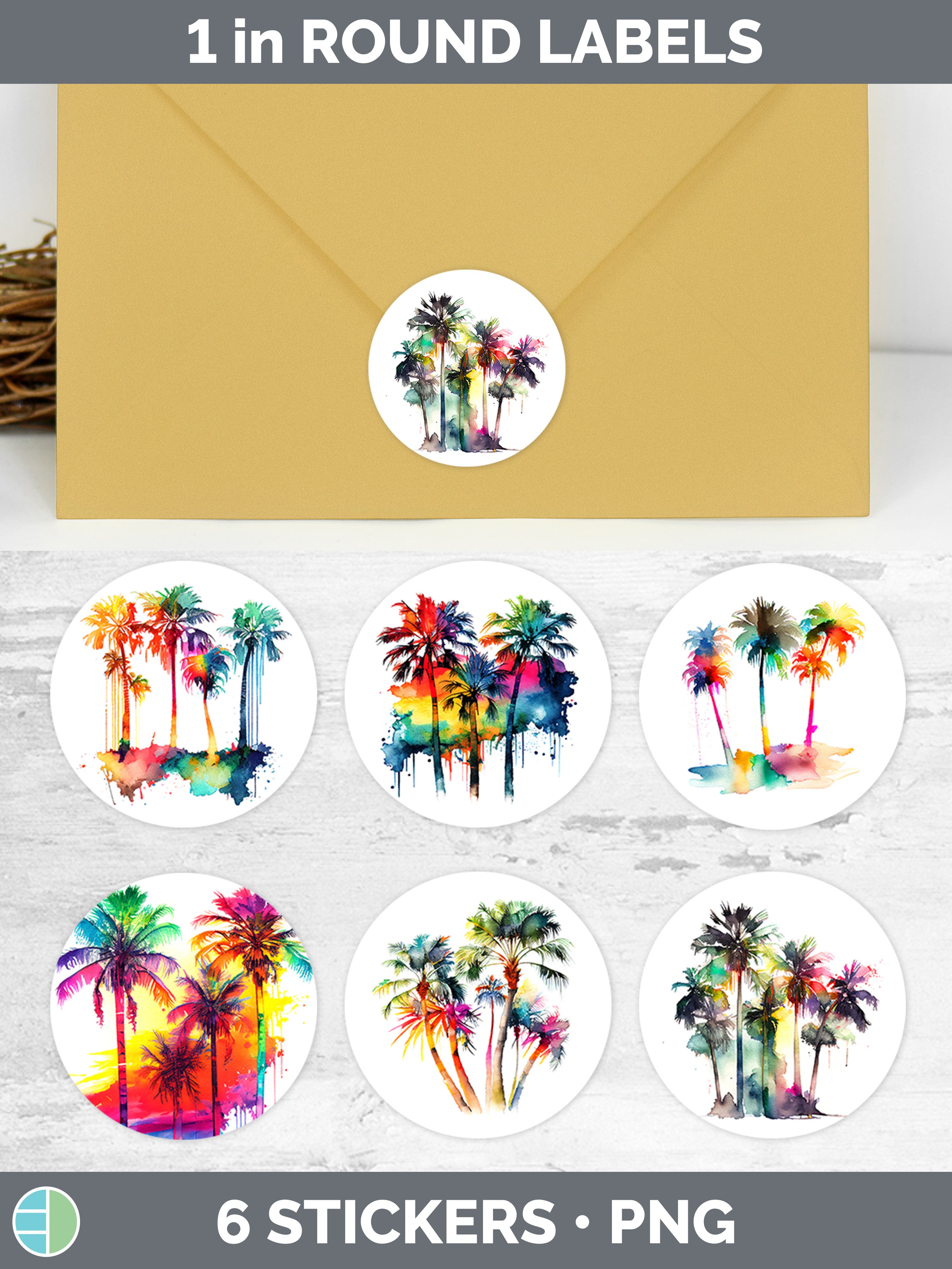 Rainbow Palm Trees Stickers | Round Labels Designs Bundle