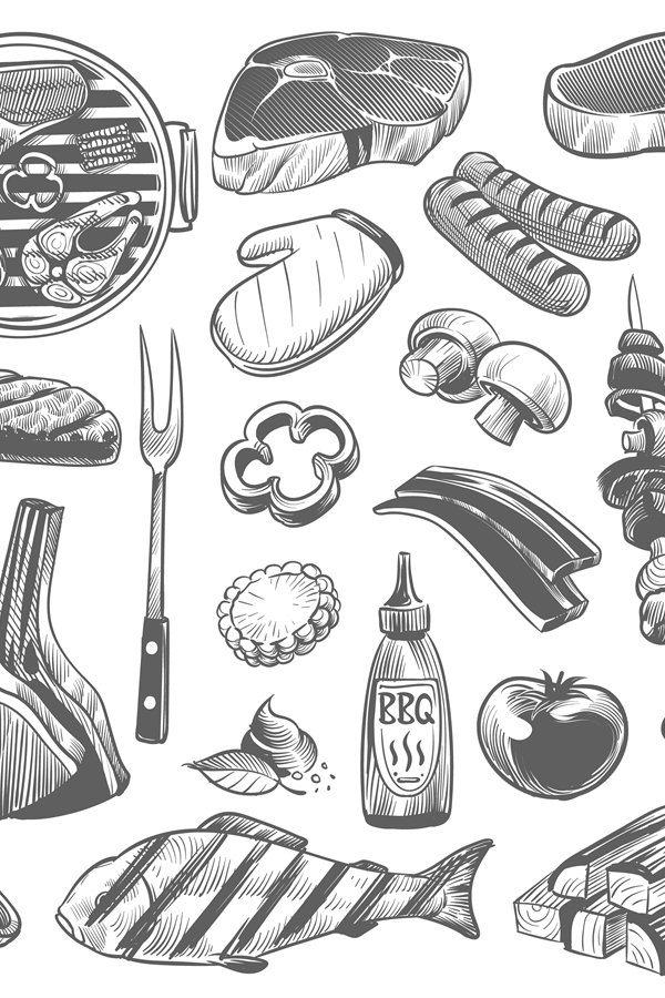 Sketch bbq. Hand drawn barbecue charcoal kettle grill with t