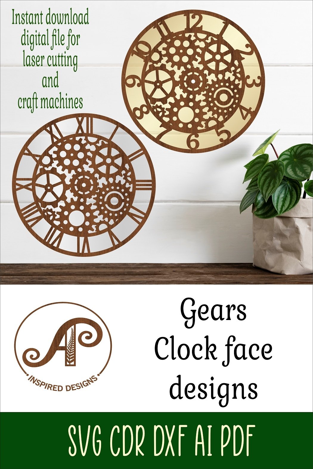 Gears wall clock laser cut files, SVG file. vector