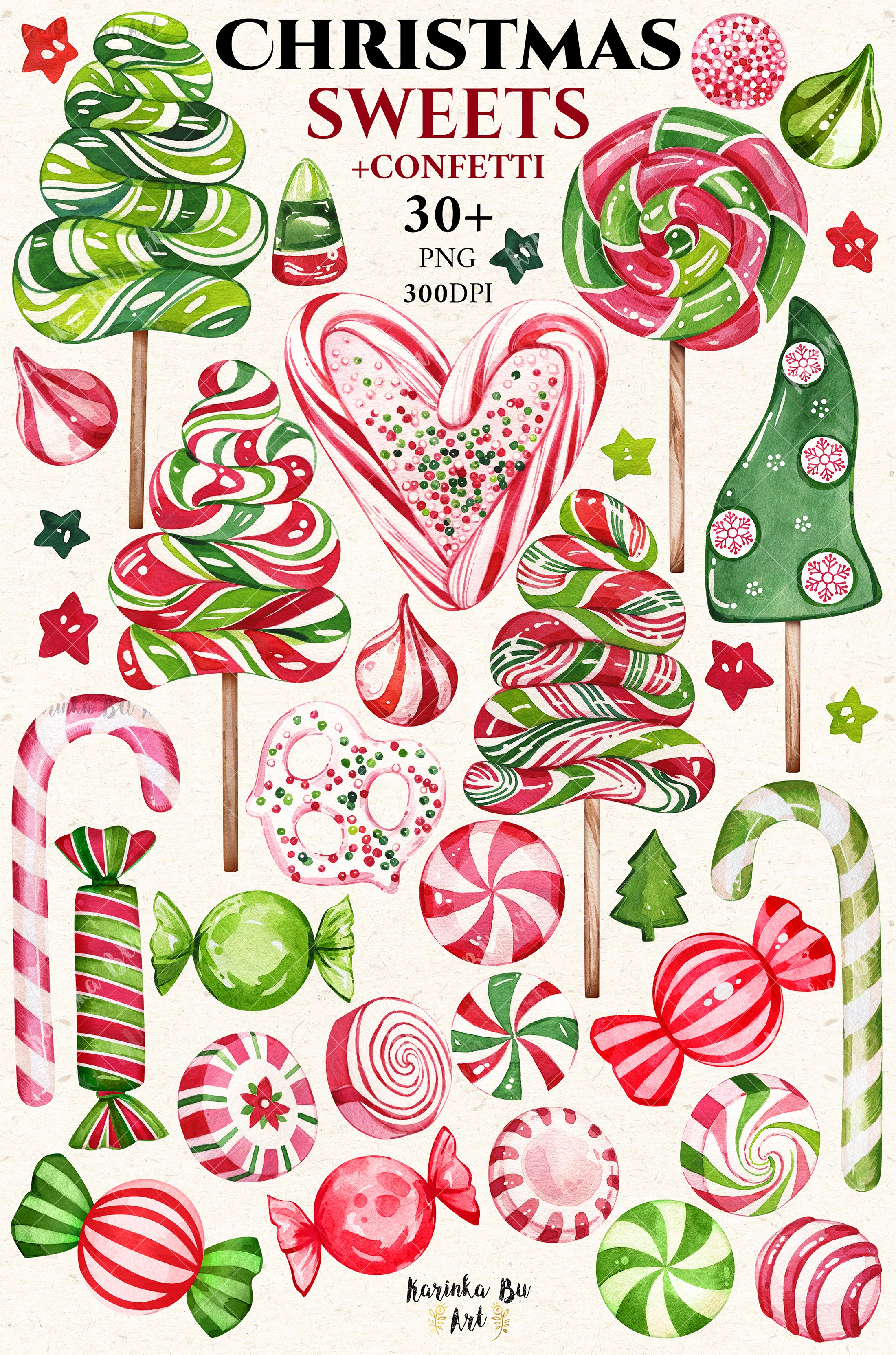 Watercolor Christmas treats sweets 30 PNG lolipop clip art