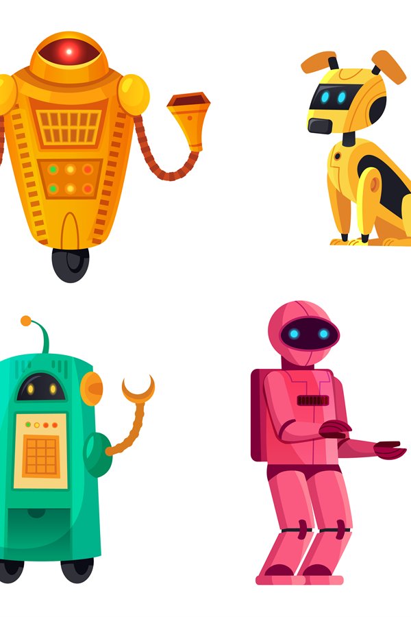 Cartoon robots. Robotics bots, robot pet and robotic android