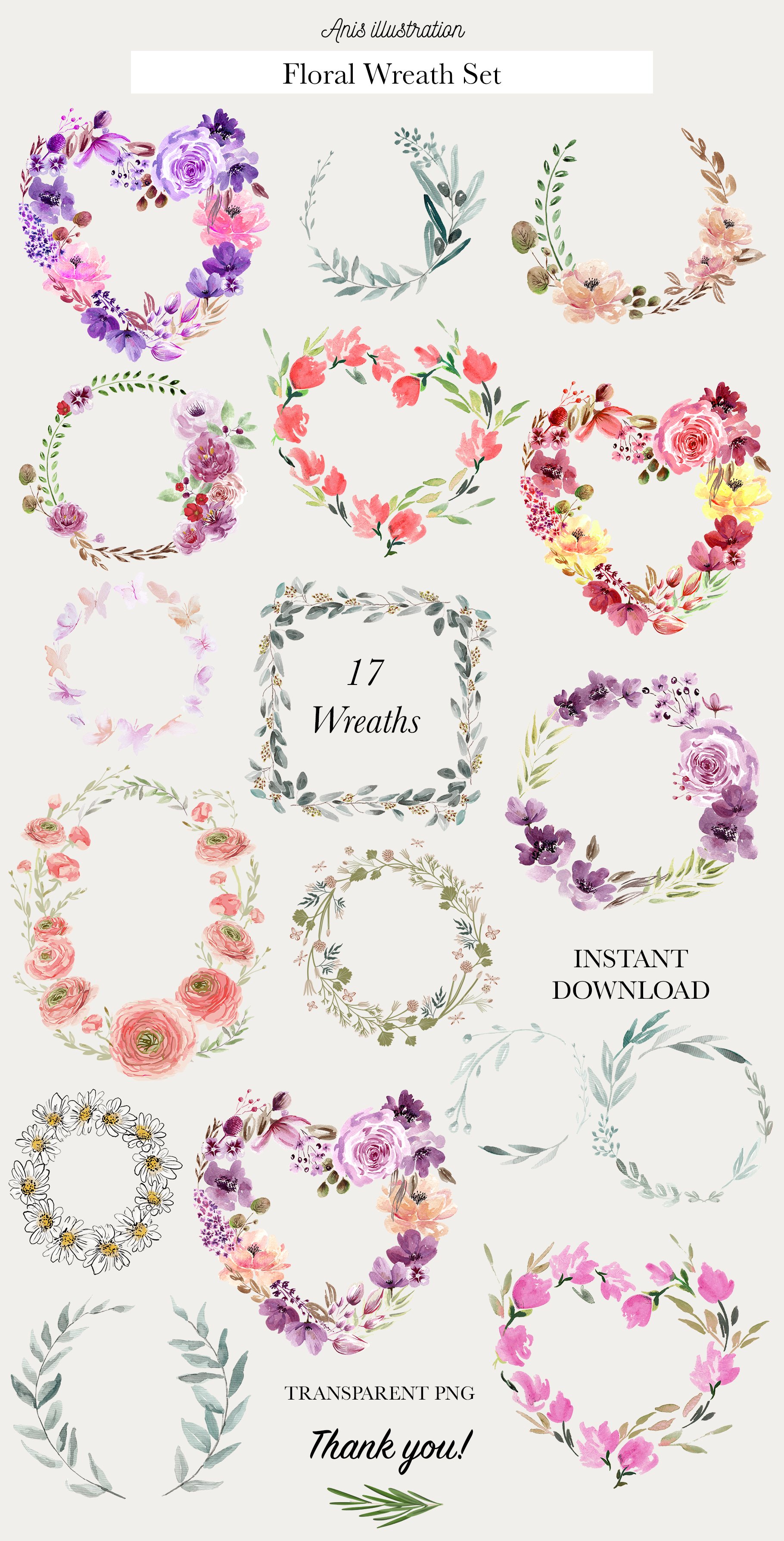 Set of 17 Floral Botanical Wreaths Collection