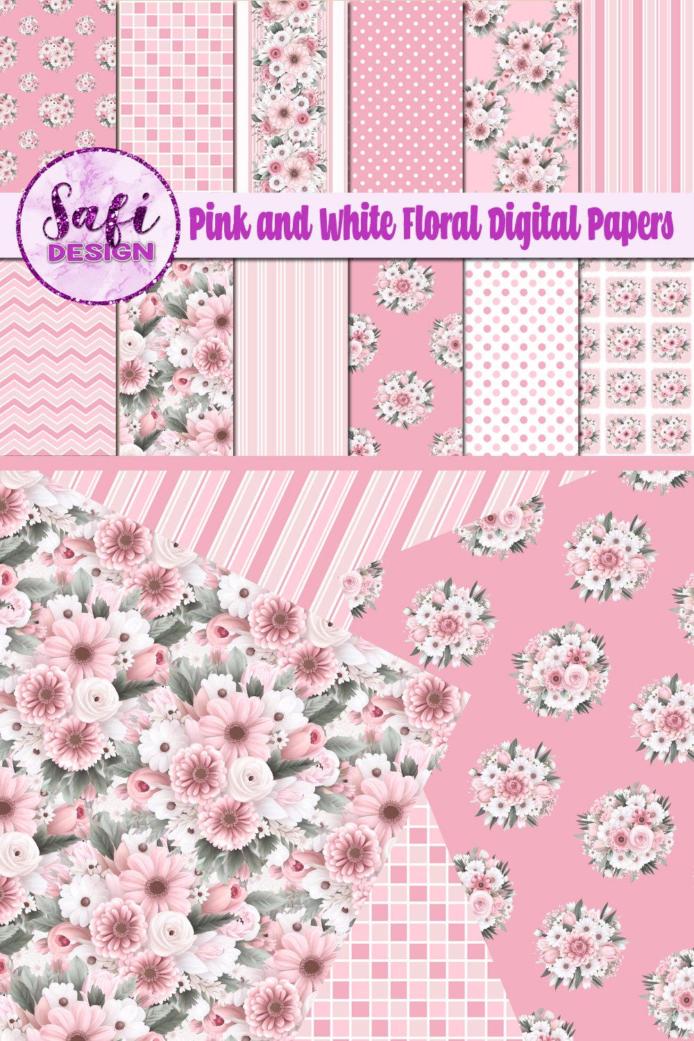 Pink and White Floral Digital Papers Backgrounds