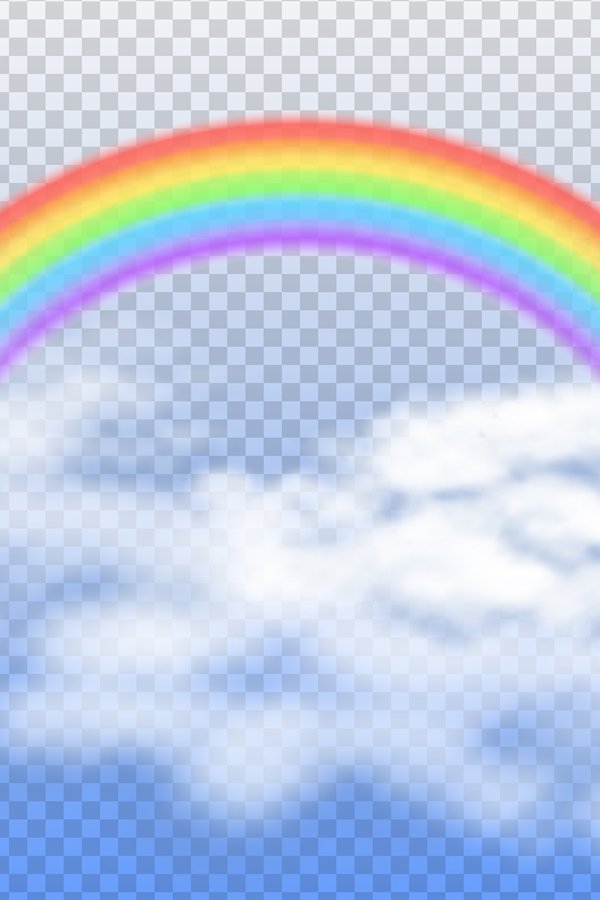 Rainbow arc with white clouds in blue sky 3d vector illustra