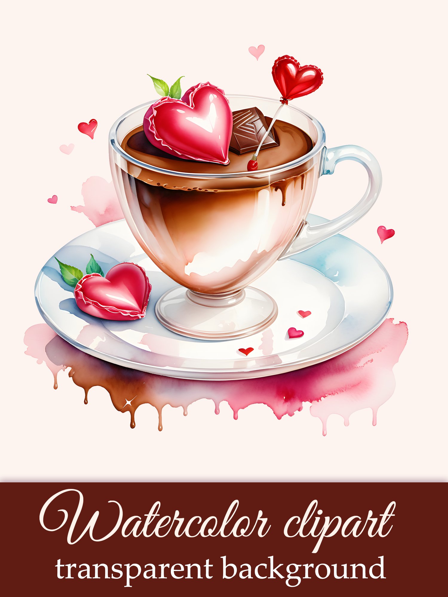 Watercolor coffee cup with hearts and chocolate, clipart Png