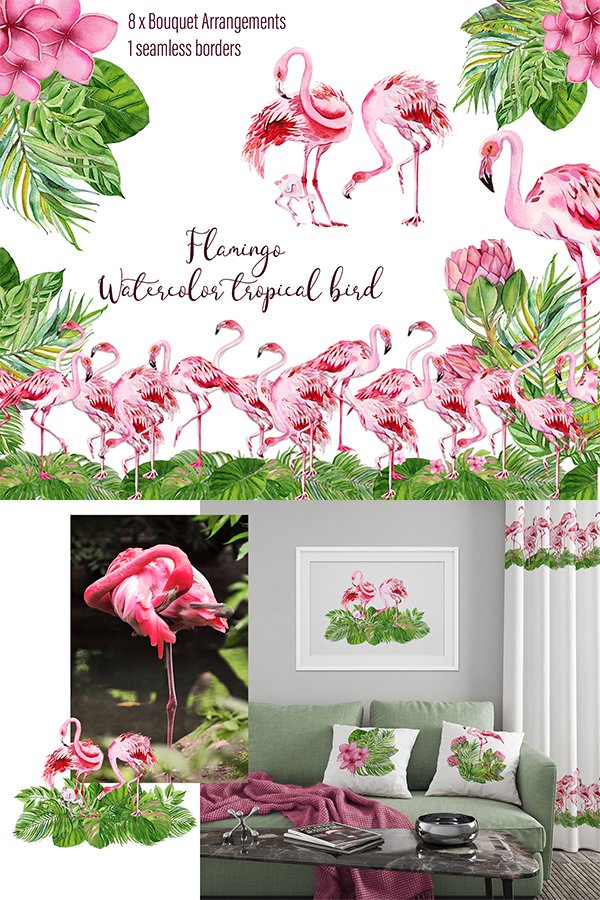 Tropical flamingo clipart - watercolor birds