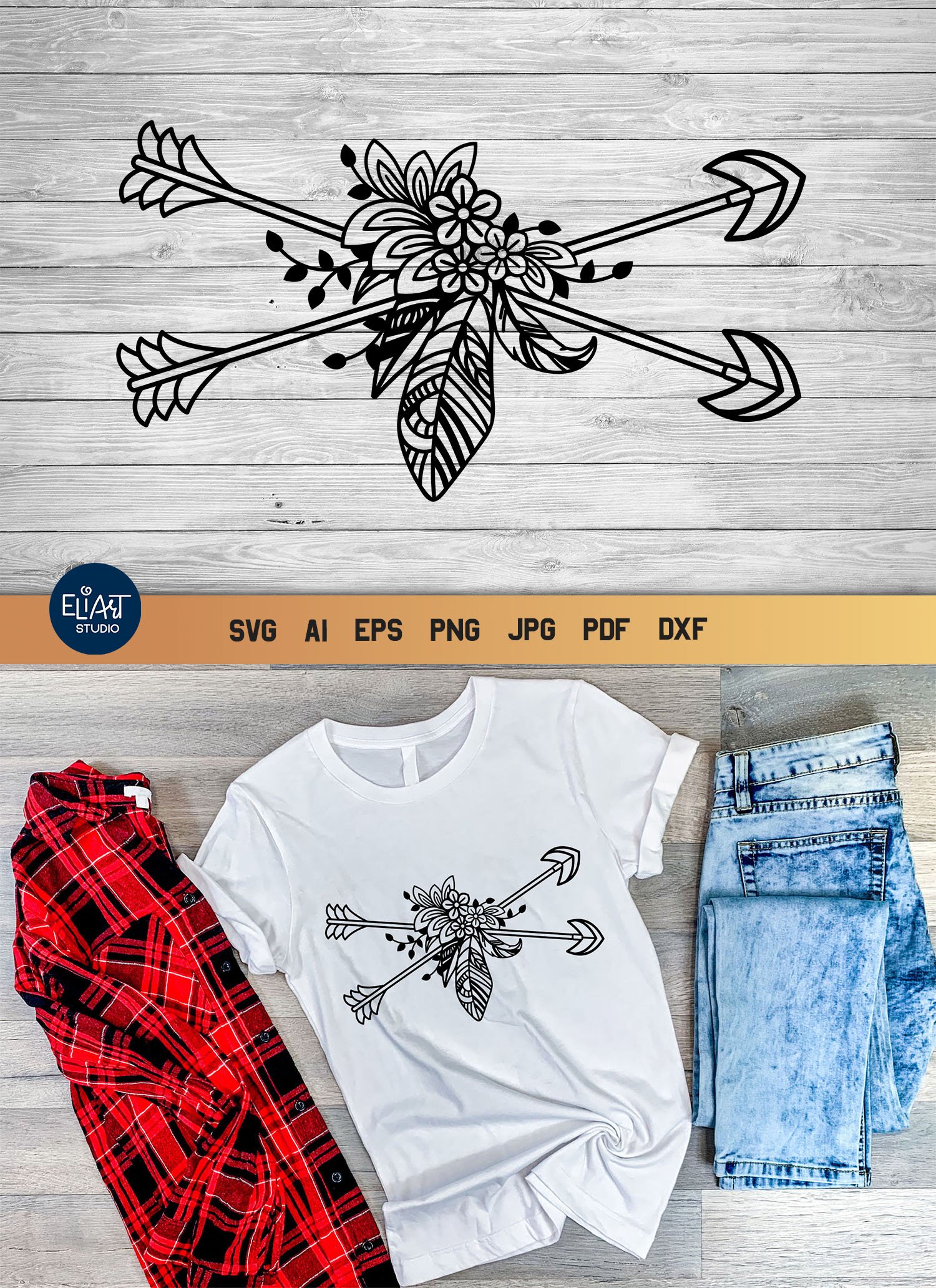 Boho SVG Arrow | Crossed Floral Arrows SVG | Ethnic SVG