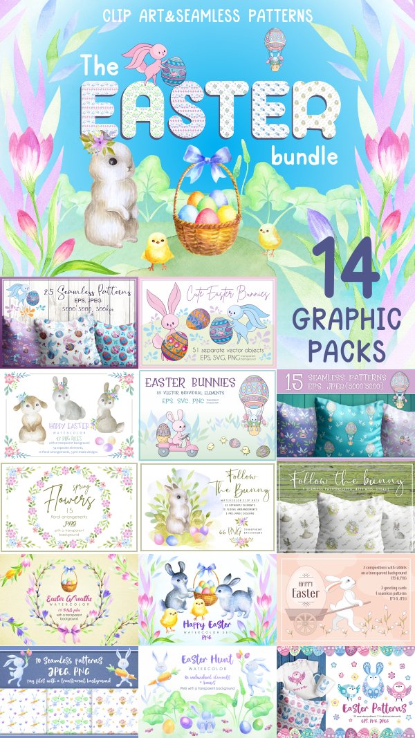 Easter bundle. Clip arts and seamless patterns