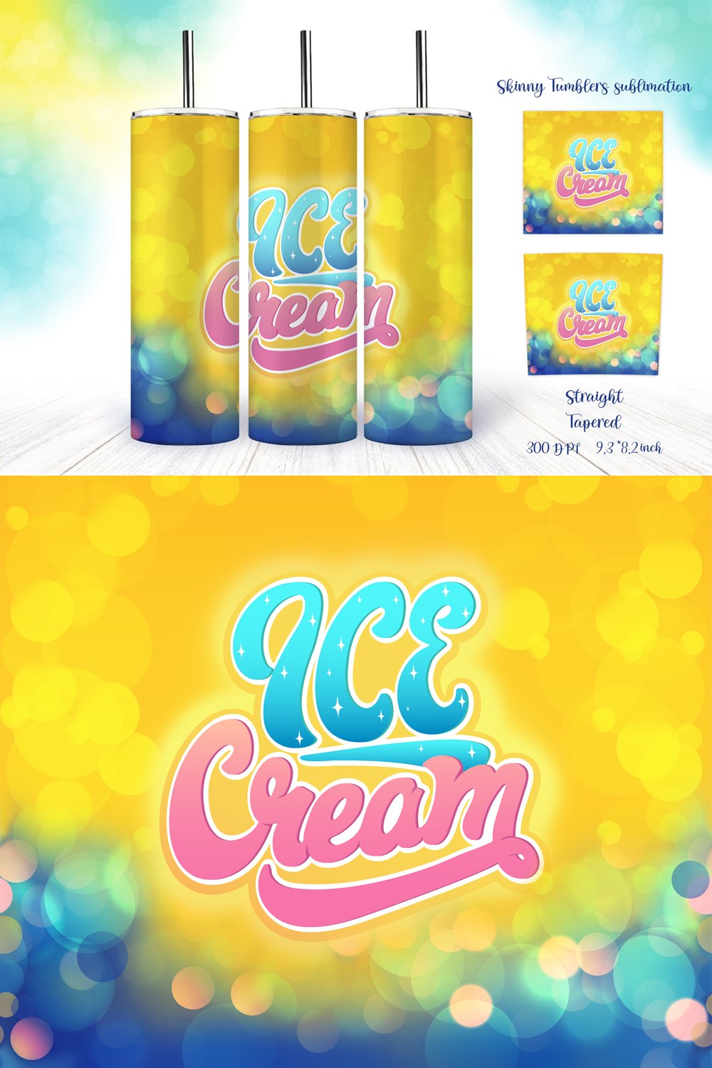 Ice Cream Sublimation Bright Summer Design. Skinny Tumbler.