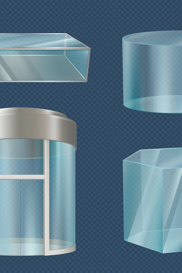 Glass elevator. Modern transparent 3d boxes stylish forms cu