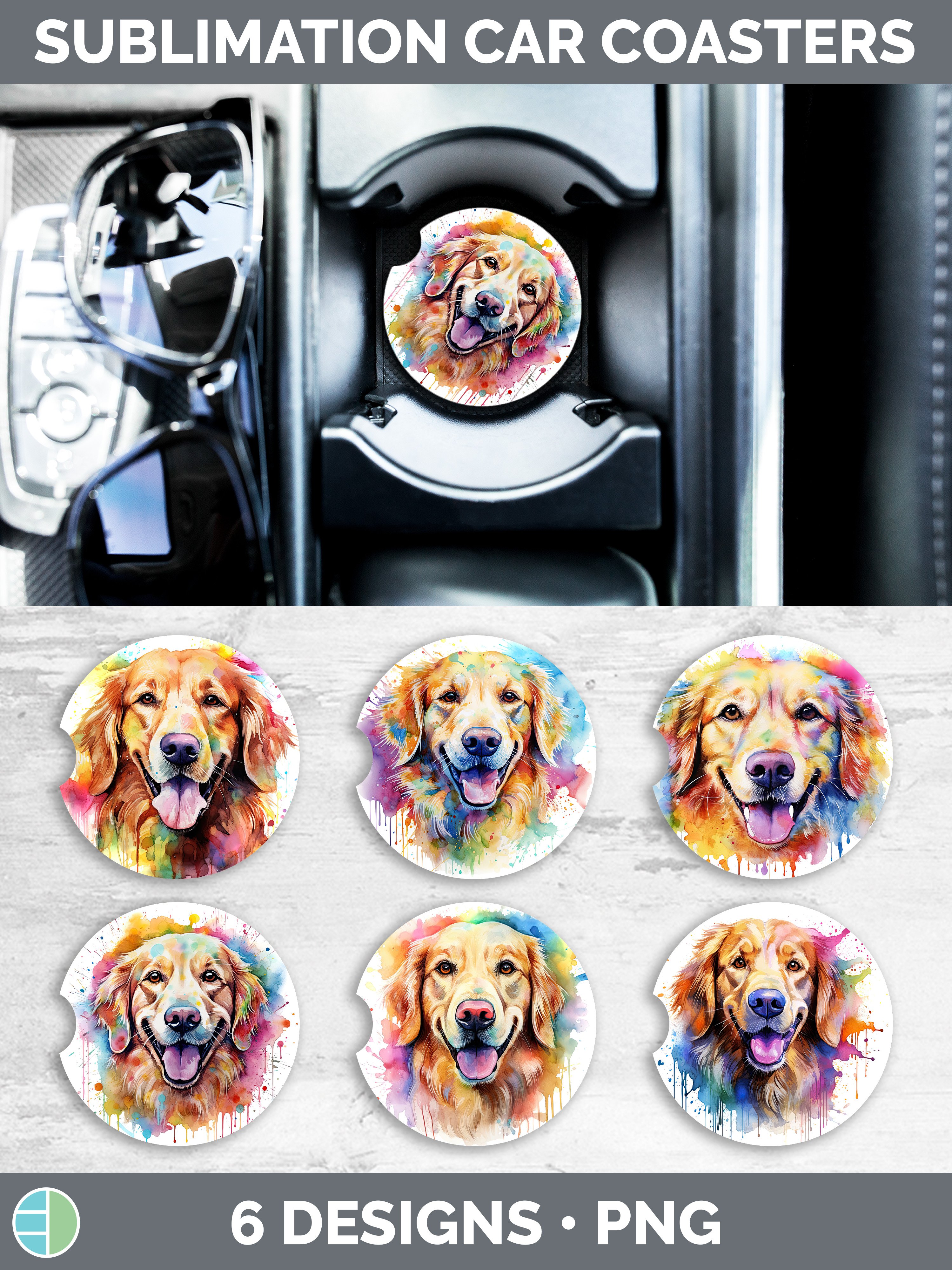 Splat Rainbow Golden Retriever Dog Car Coaster | Sublimation
