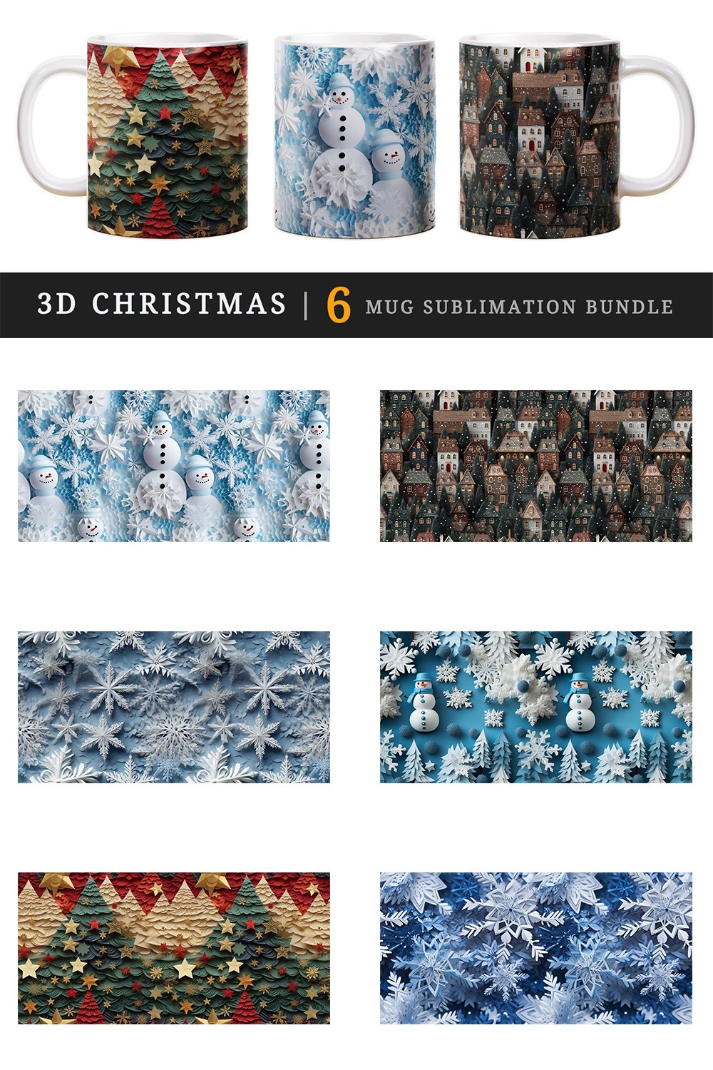 3D Christmas, winter mug wrap sublimation designs bundle