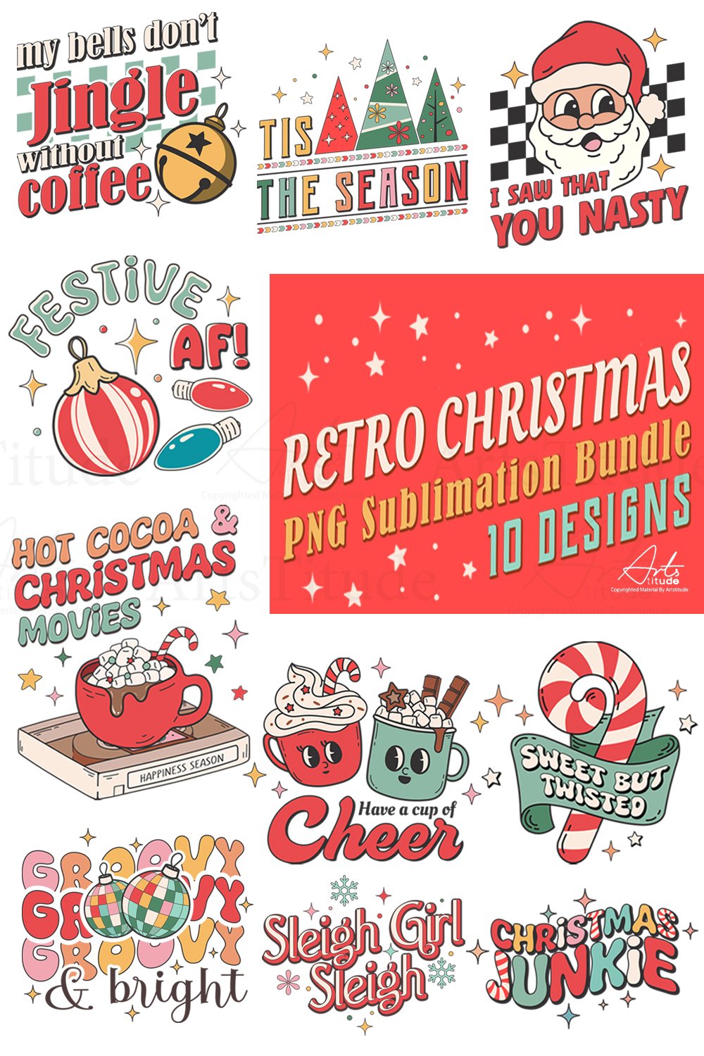 Retro Christmas Bundle PNG Sublimation 10 Designs